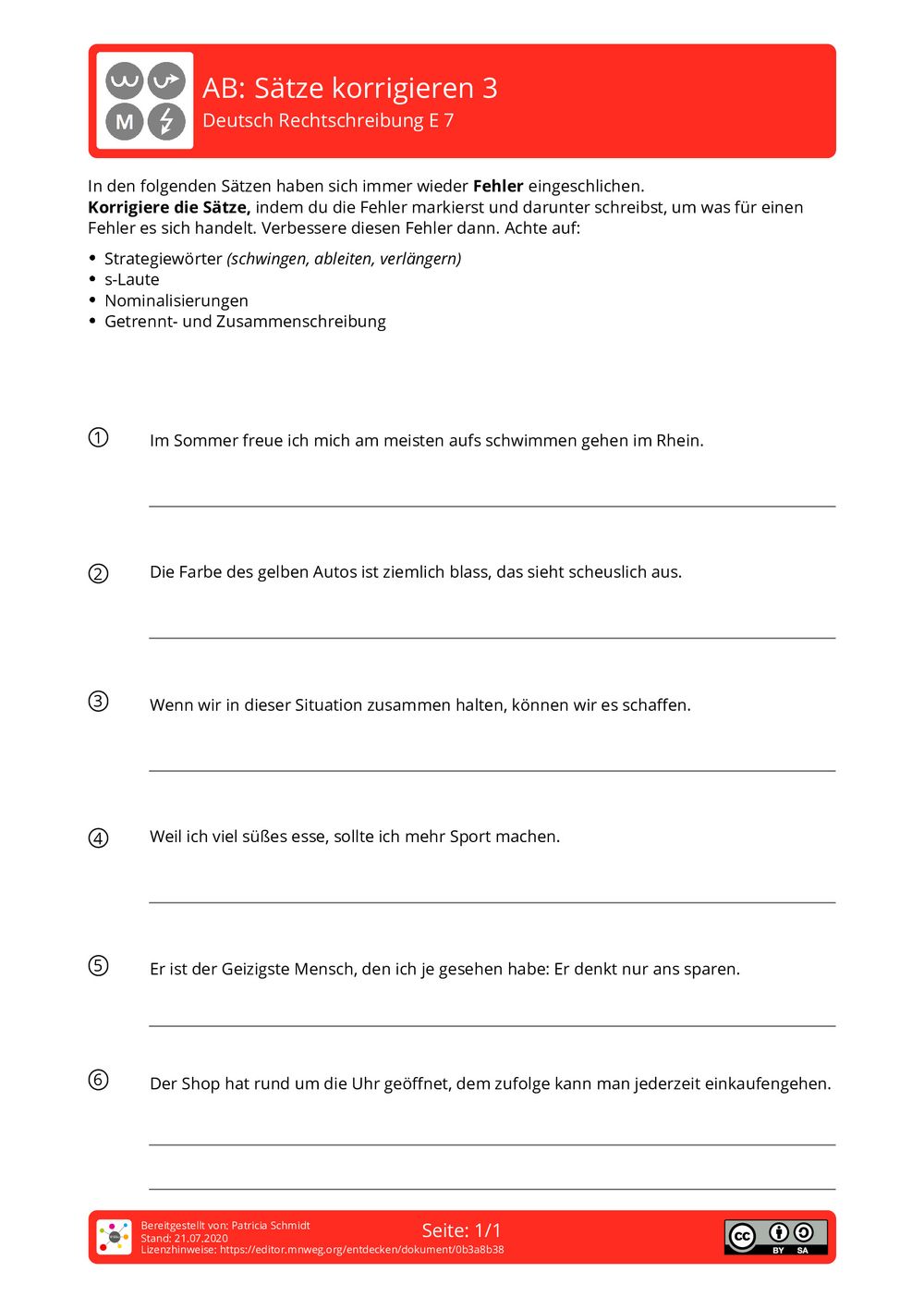Arbeitsblatt - Sätze korrigieren 3 - Deutsch - Rechtschreibung - mnweg.org