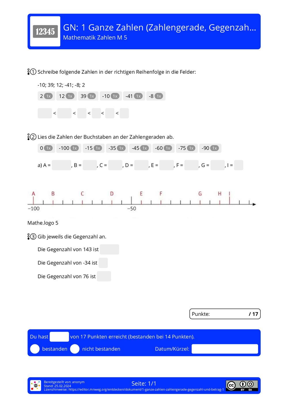 Arbeitsblatt - 1 Ganze Zahlen (Zahlengerade, Gegenzahl und Betrag ...