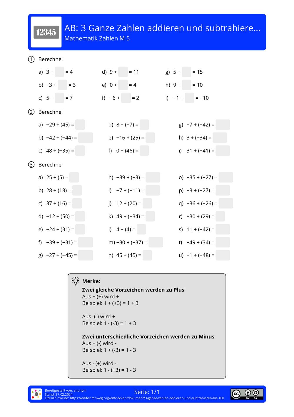 Arbeitsblatt - 3 Ganze Zahlen addieren und subtrahieren bis 100 ...