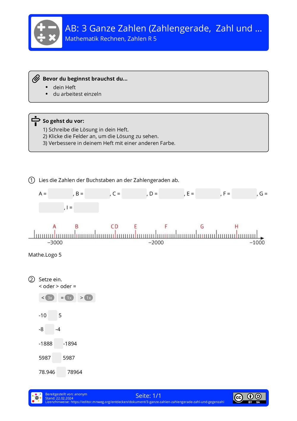 Arbeitsblatt - 3 Ganze Zahlen (Zahlengerade, Zahl und Gegenzahl ...