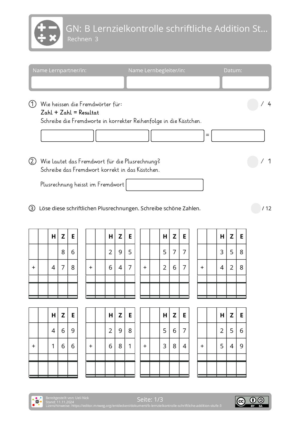 Arbeitsblatt - B Lernzielkontrolle schriftliche Addition Stufe 3 ...