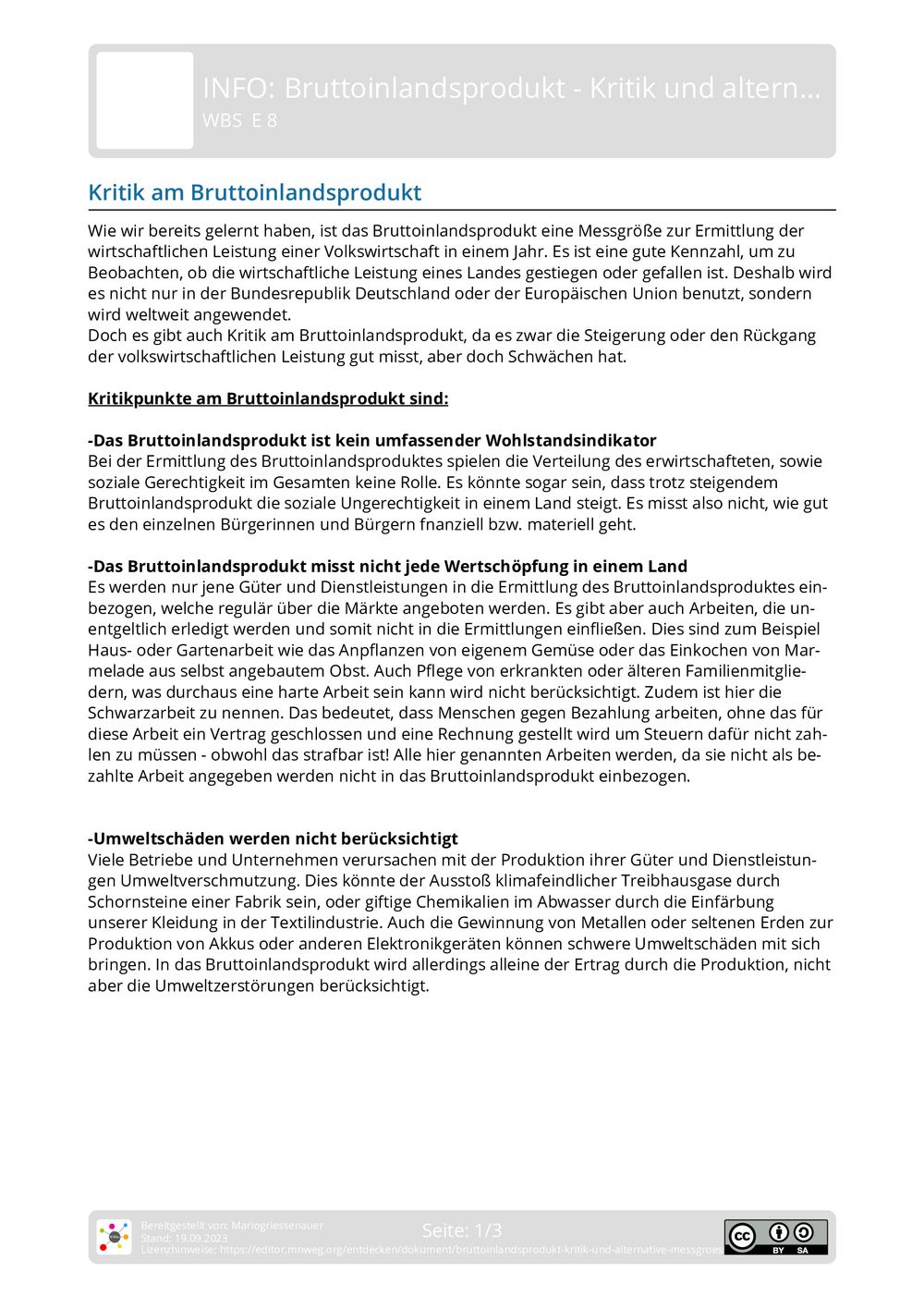 Arbeitsblatt - Bruttoinlandsprodukt - Kritik und alternative Messgrößen ...