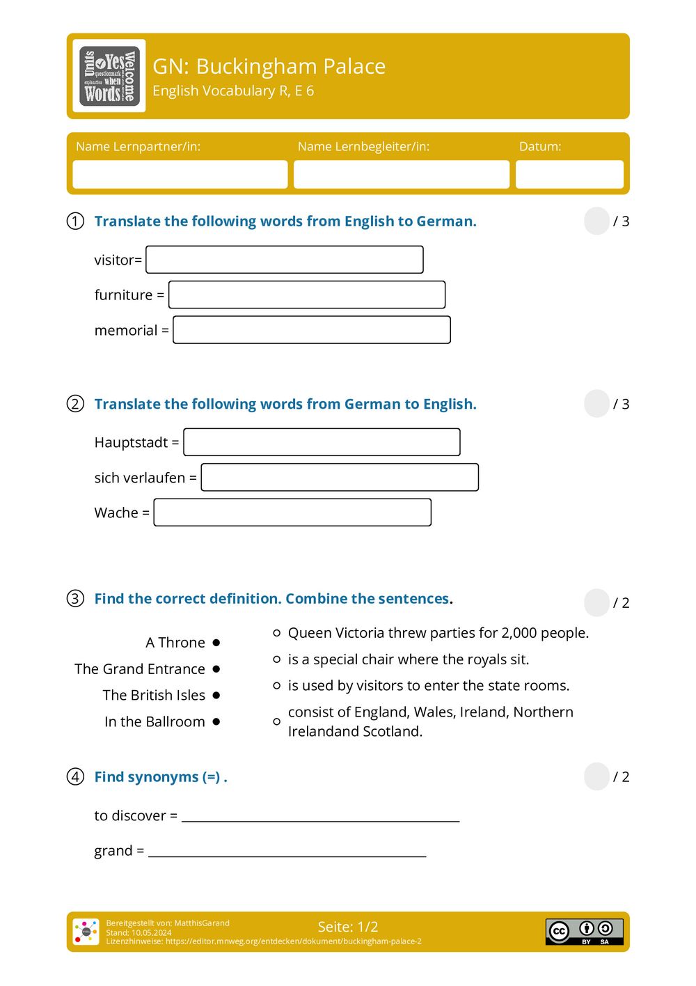 Arbeitsblatt - Buckingham Palace - English - Vocabulary - mnweg.org