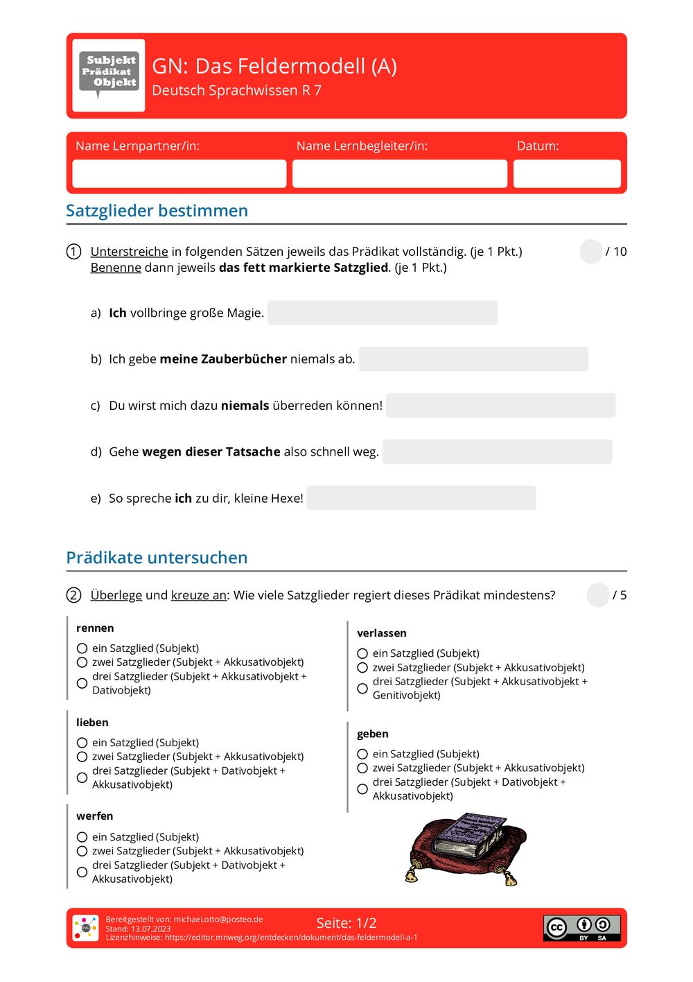 Arbeitsblatt - Das Feldermodell (A) - Deutsch - Sprachwissen - mnweg.org