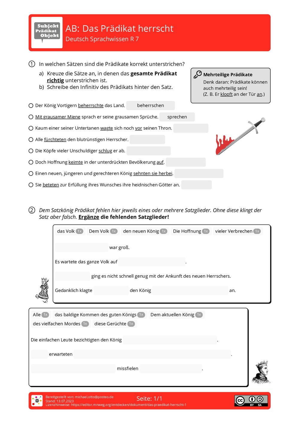 Arbeitsblatt - Das Prädikat herrscht - Deutsch - Sprachwissen - mnweg.org