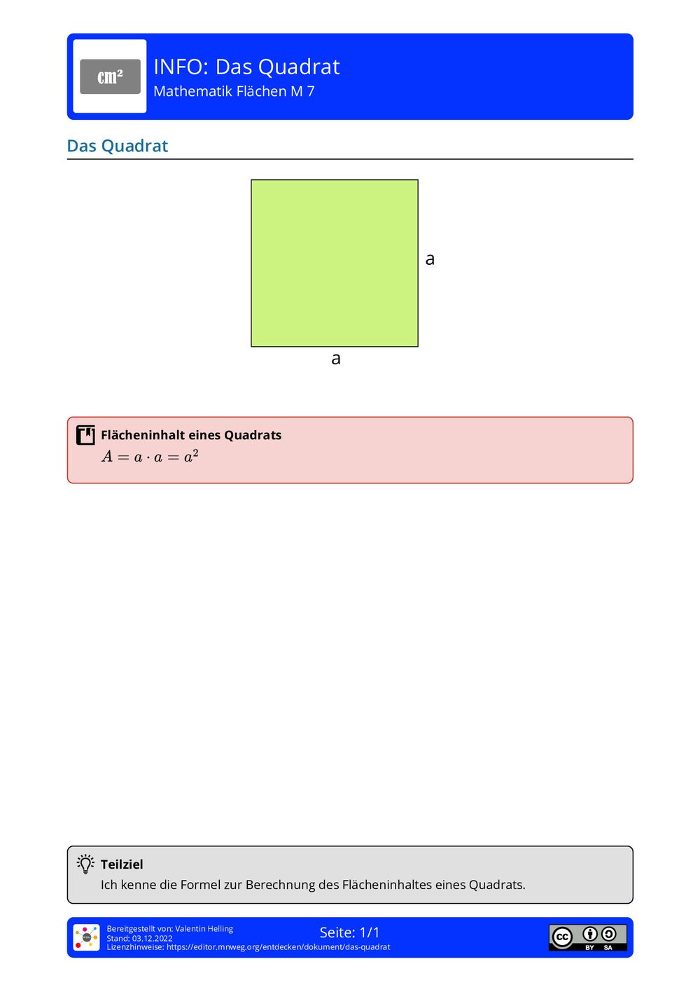 Arbeitsblatt - Das Quadrat - Mathematik - Flächen - mnweg.org