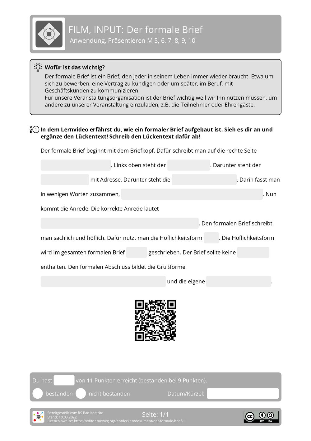 Arbeitsblatt - Der formale Brief - Anwendung & Präsentieren - mnweg.org