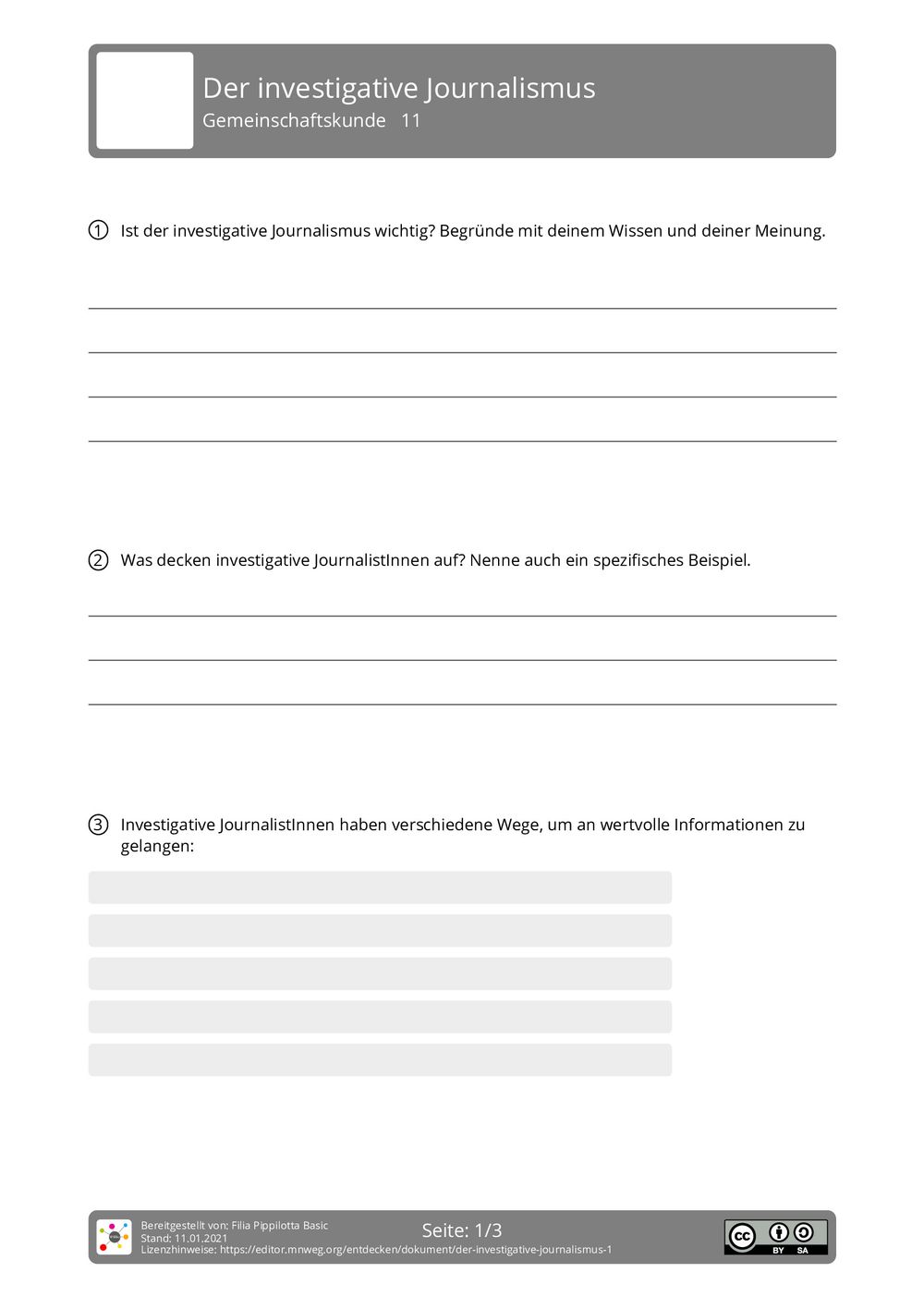 Arbeitsblatt - Der investigative Journalismus - Gemeinschaftskunde ...