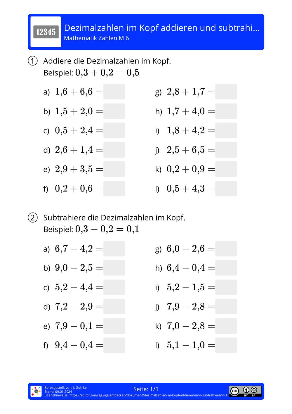 Arbeitsblatt - Dezimalzahlen im Kopf addieren und subtrahieren F ...