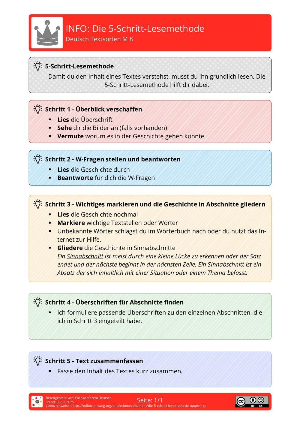 Arbeitsblatt - Die 5-Schritt-Lesemethode - Deutsch - Textsorten - mnweg.org
