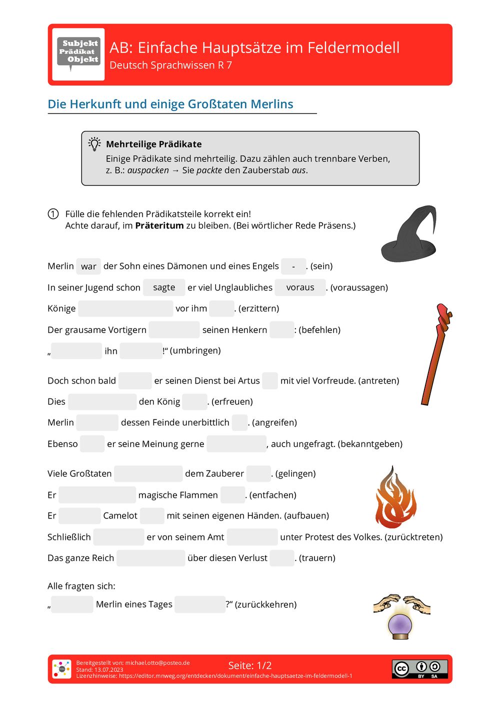 Arbeitsblatt - Einfache Hauptsätze im Feldermodell - Deutsch ...