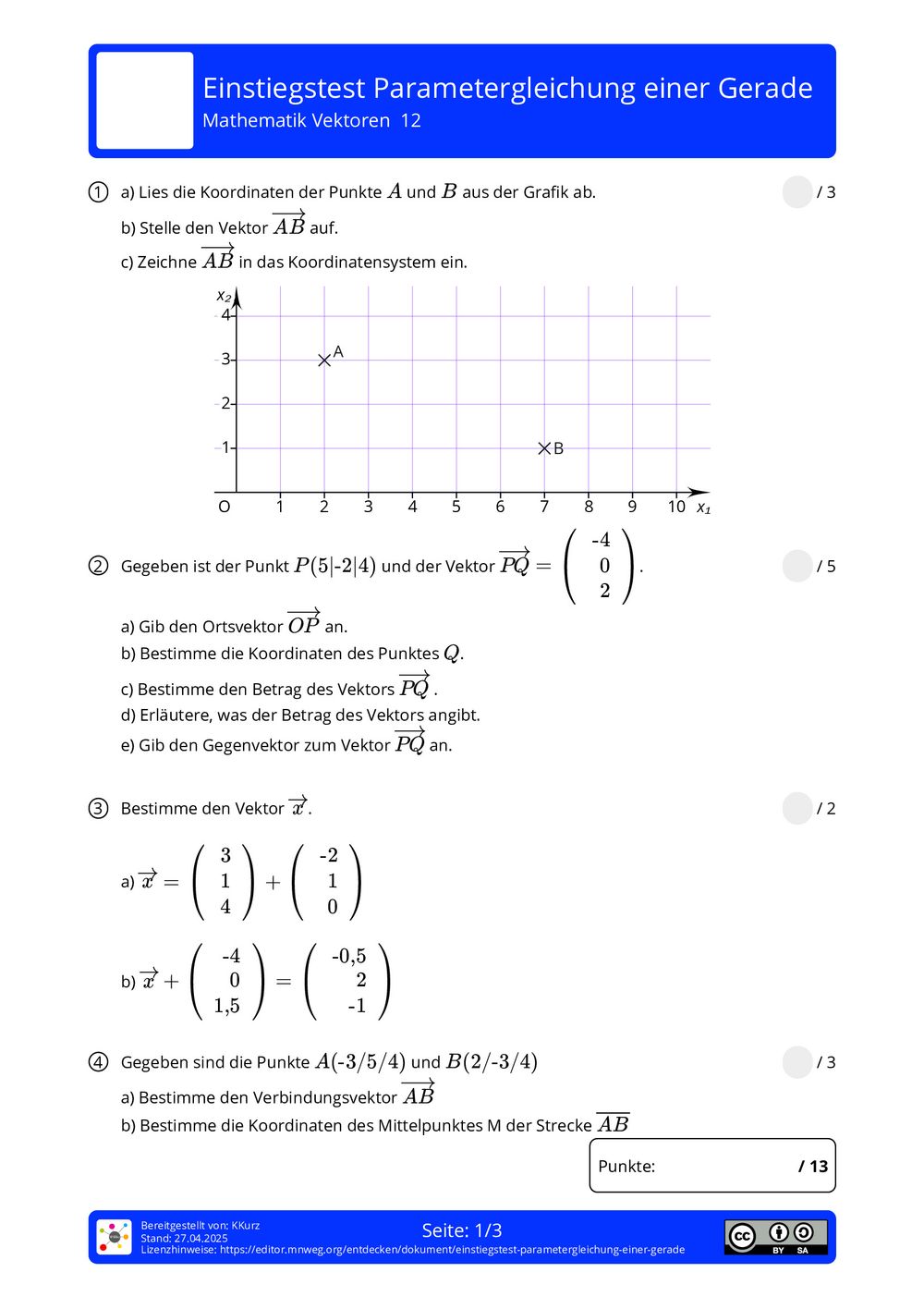 Arbeitsblatt - Einstiegstest Parametergleichung einer Gerade ...