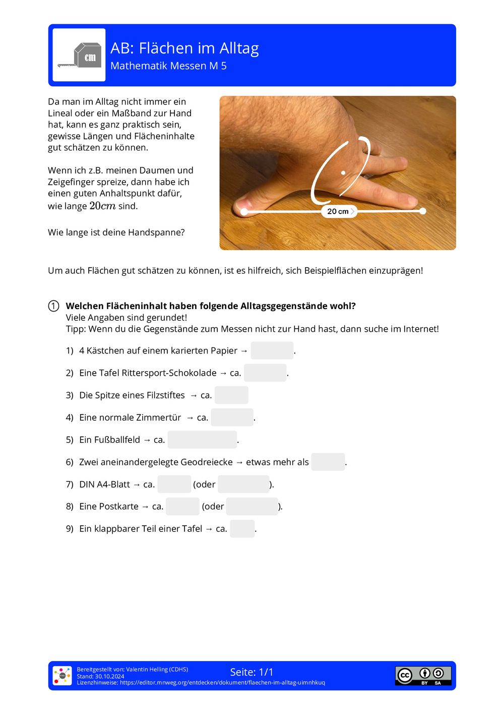 Arbeitsblatt - Flächen im Alltag - Mathematik - Messen - mnweg.org Arbeitsblatt - Flächen im Alltag - Mathematik - Messen - mnweg.org