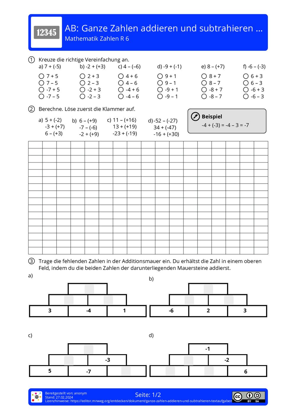 Arbeitsblatt - Ganze Zahlen addieren und subtrahieren Textaufgaben ...
