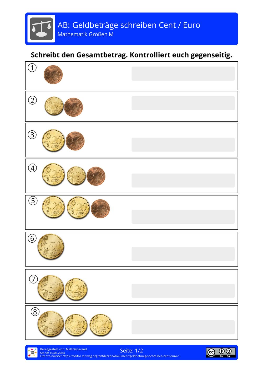 Arbeitsblatt - Geldbeträge schreiben Cent / Euro - Mathematik - Größen ...