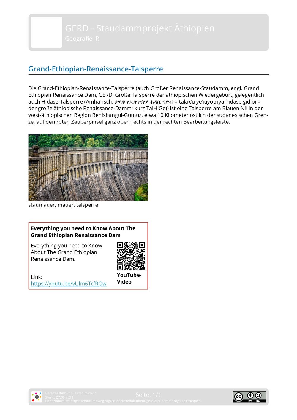 Arbeitsblatt - GERD - Staudammprojekt Äthiopien - Geografie - mnweg.org