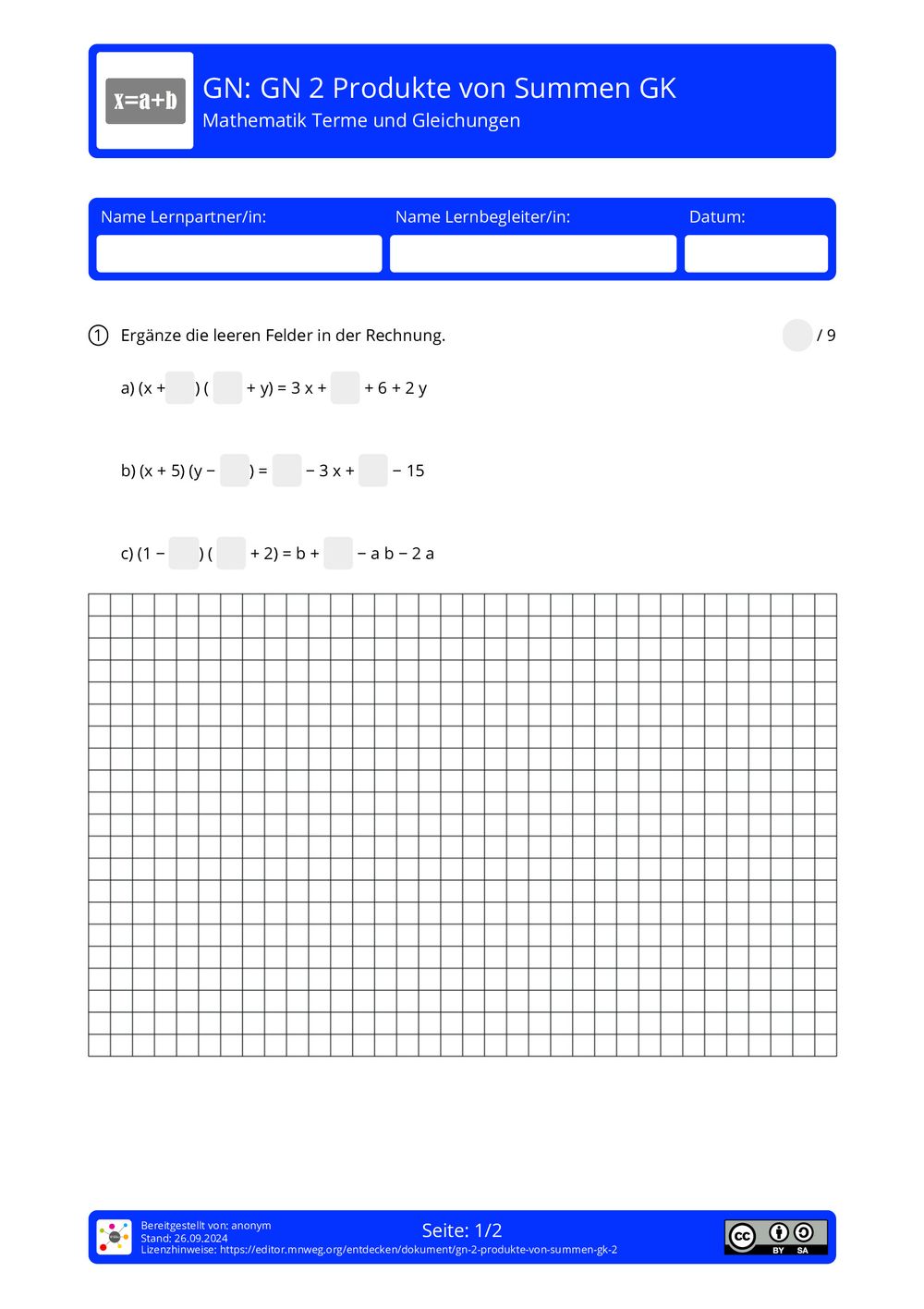 Arbeitsblatt - GN 2 Produkte von Summen GK - Mathematik - Terme und ...
