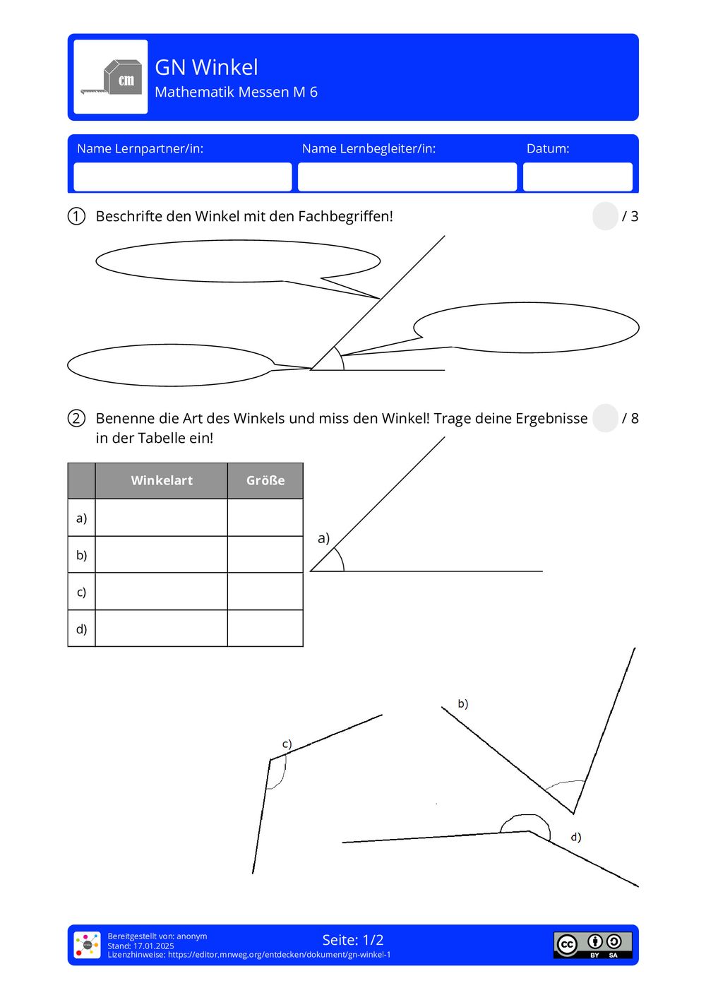 Arbeitsblatt - GN Winkel - Mathematik - Messen - mnweg.org