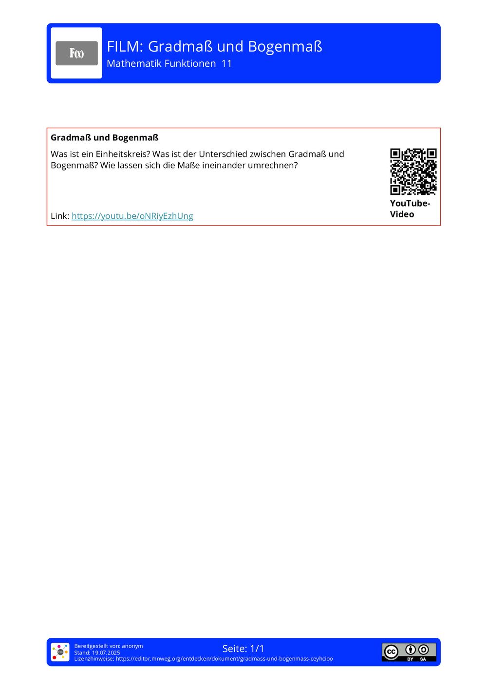 Arbeitsblatt - Gradmaß und Bogenmaß - Mathematik - Funktionen - mnweg.org