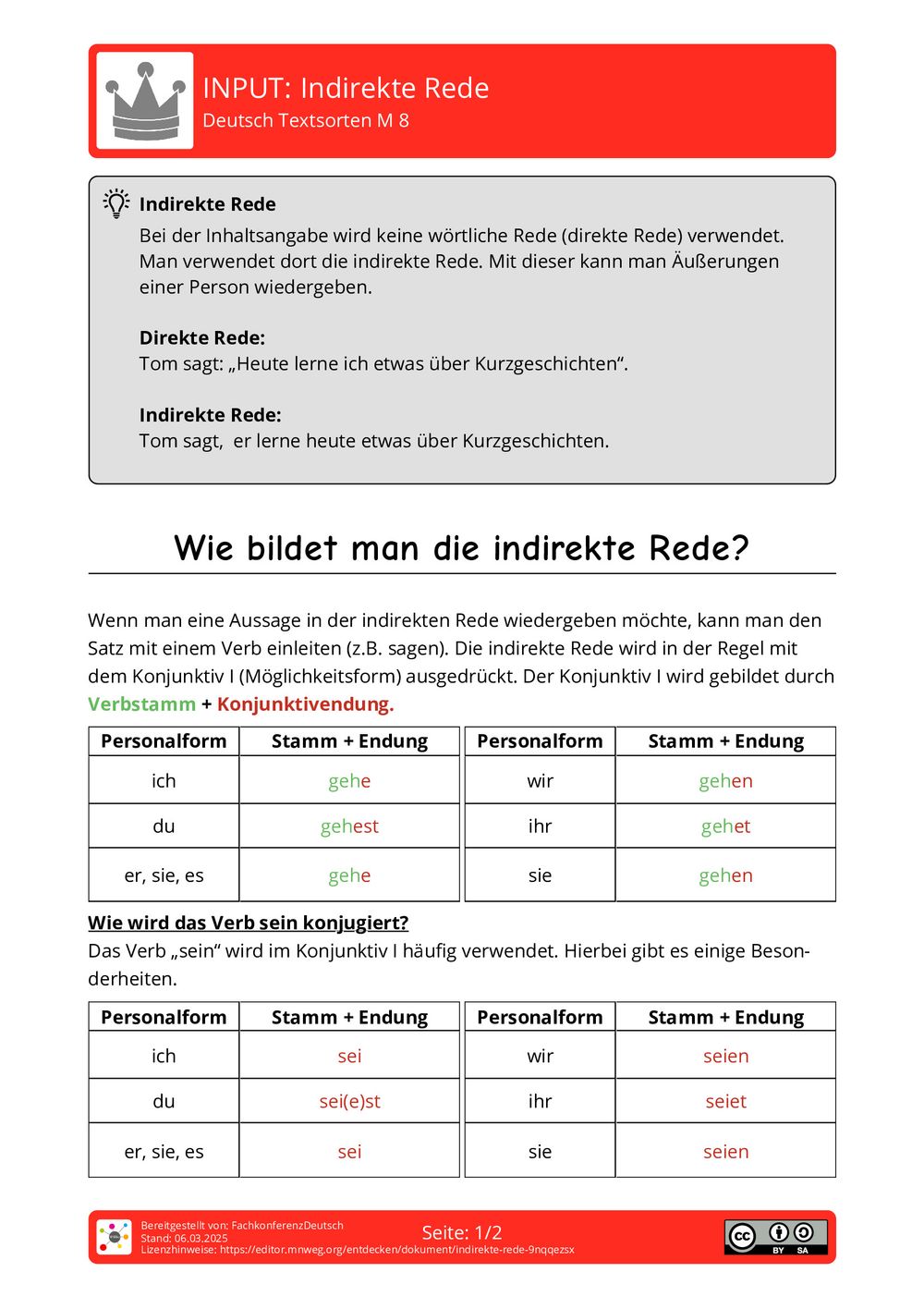 Arbeitsblatt - Indirekte Rede - Deutsch - Textsorten - mnweg.org