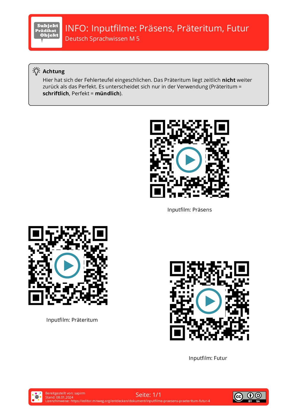 Arbeitsblatt - Inputfilme: Präsens, Präteritum, Futur - Deutsch ...