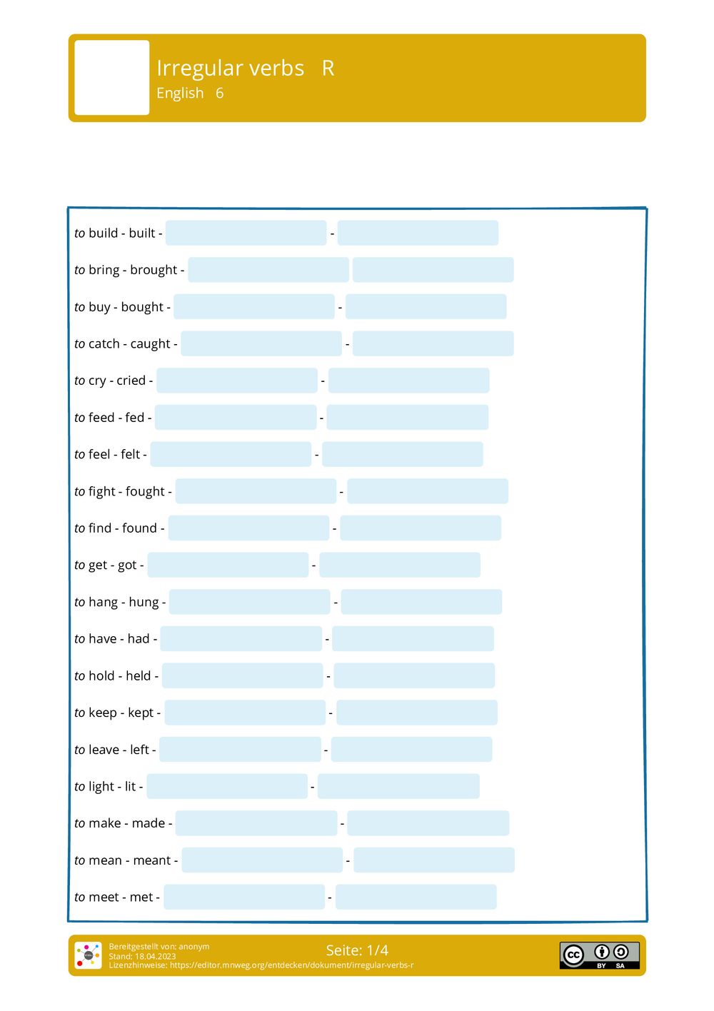 Arbeitsblatt - Irregular verbs R - English - mnweg.org