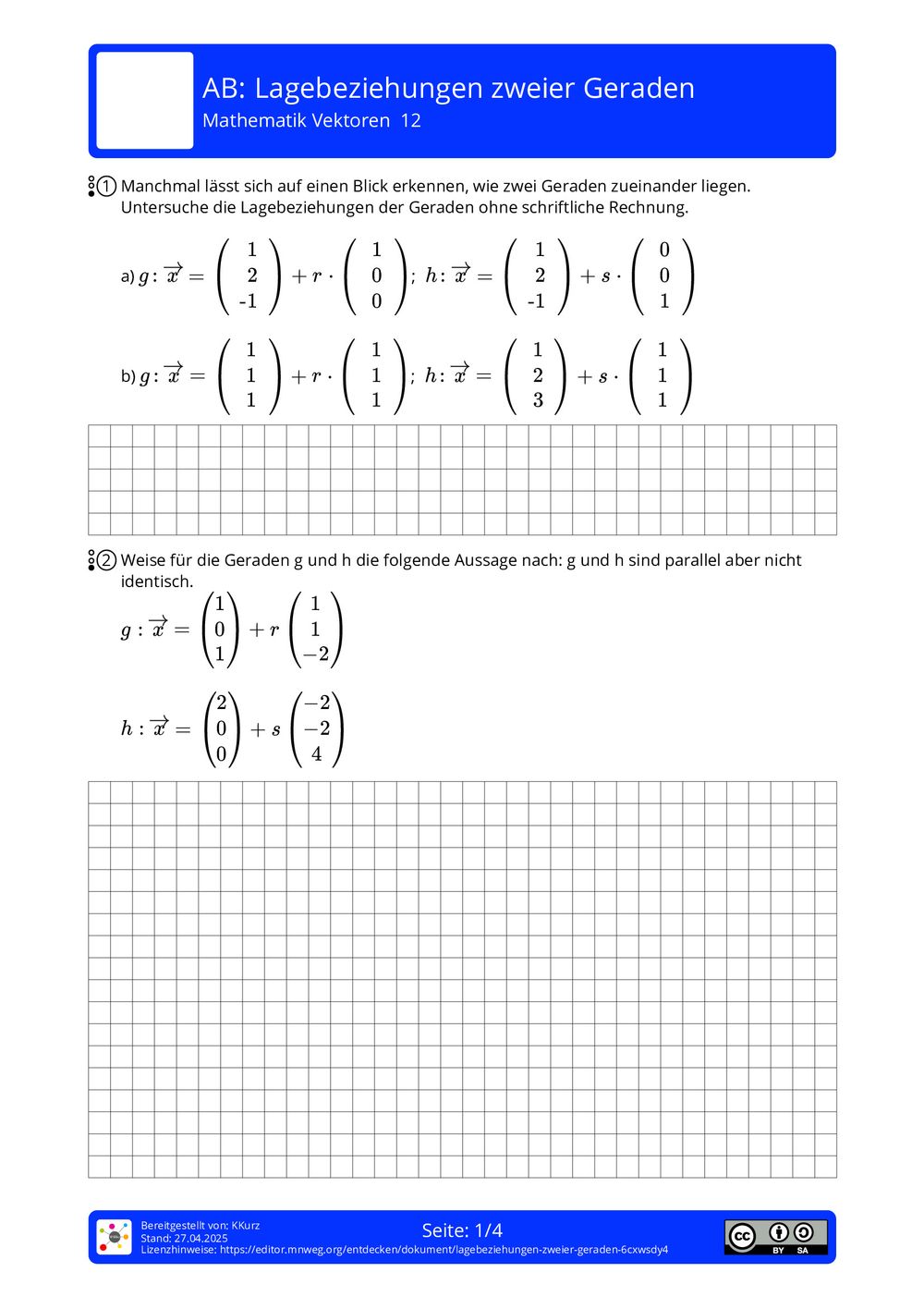 Arbeitsblatt - Lagebeziehungen zweier Geraden - Mathematik - Vektoren ...
