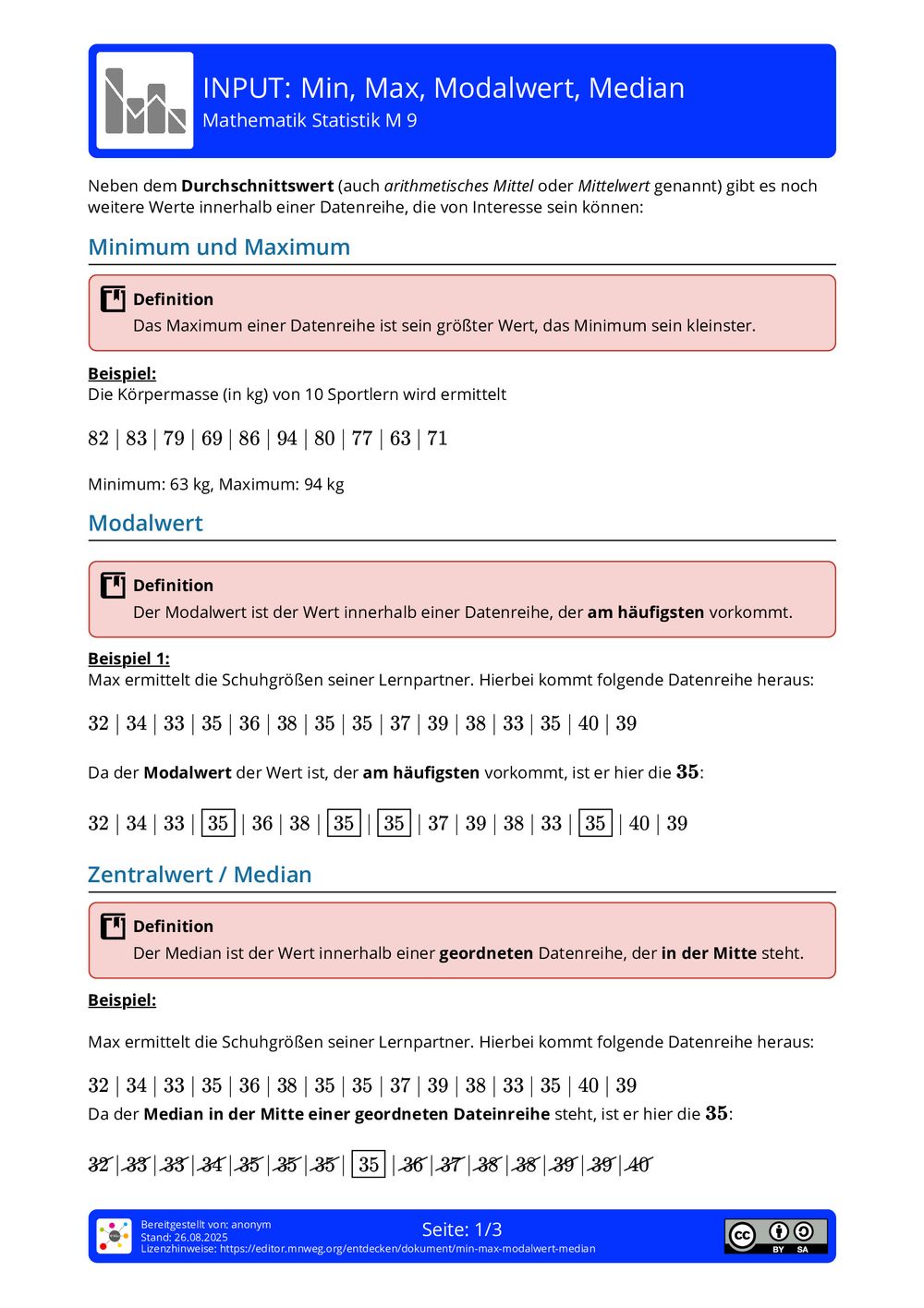 Arbeitsblatt - Min, Max, Modalwert, Median - Mathematik - Statistik ...