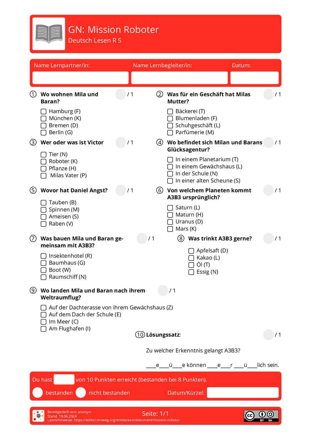 Arbeitsblatt - Mission Roboter - Deutsch - Lesen - mnweg.org