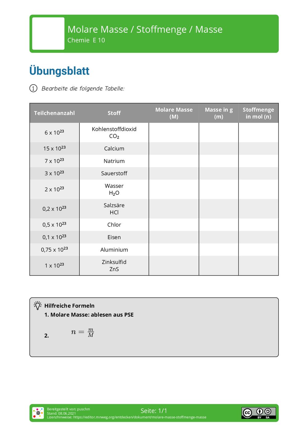 Arbeitsblatt - Molare Masse / Stoffmenge / Masse - Chemie - mnweg.org