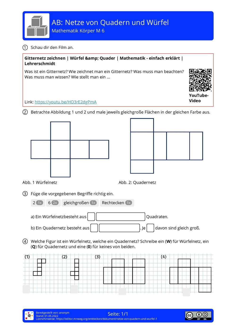 Arbeitsblatt - Netze von Quadern und Würfel - Mathematik - Körper ...
