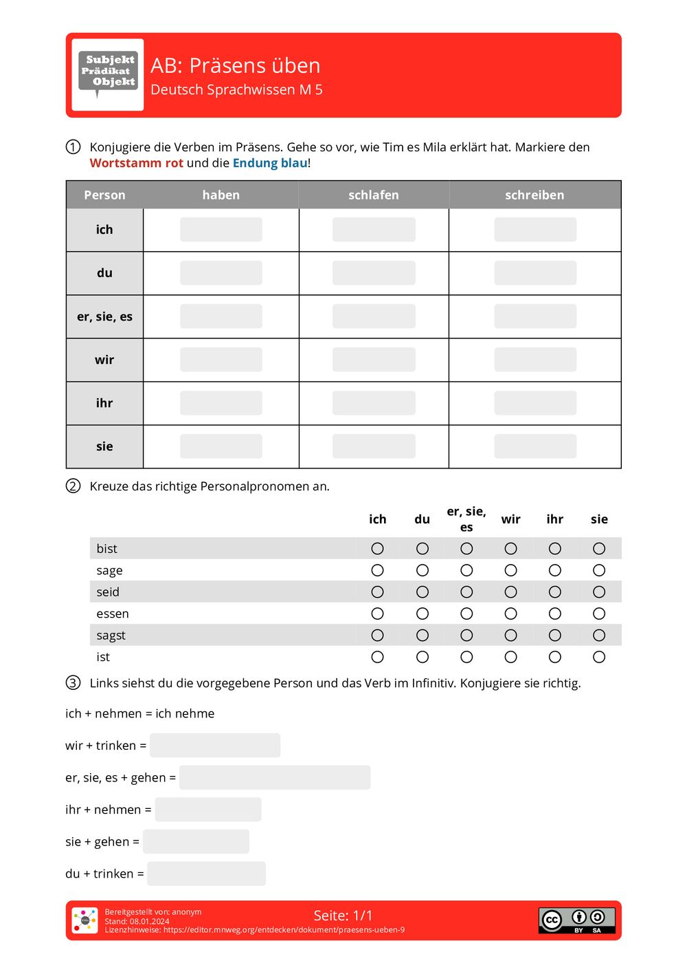 Arbeitsblatt - Präsens üben - Deutsch - Sprachwissen - mnweg.org