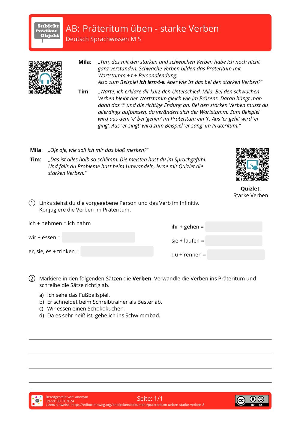 Arbeitsblatt - Präteritum üben - starke Verben - Deutsch - Sprachwissen ...