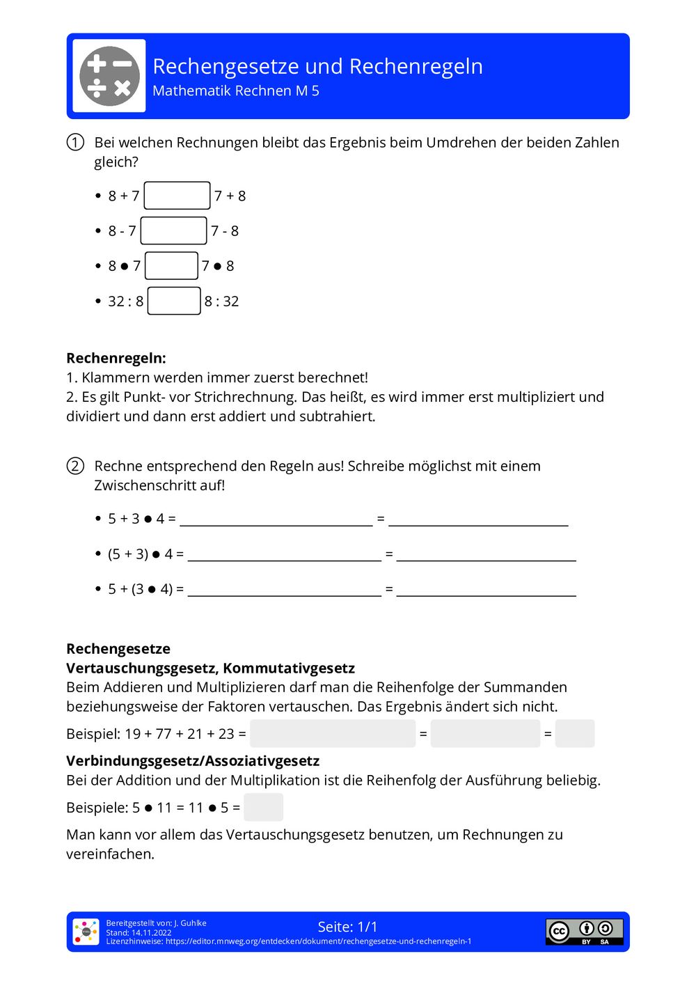 Arbeitsblatt - Rechengesetze und Rechenregeln - Mathematik - Rechnen ...