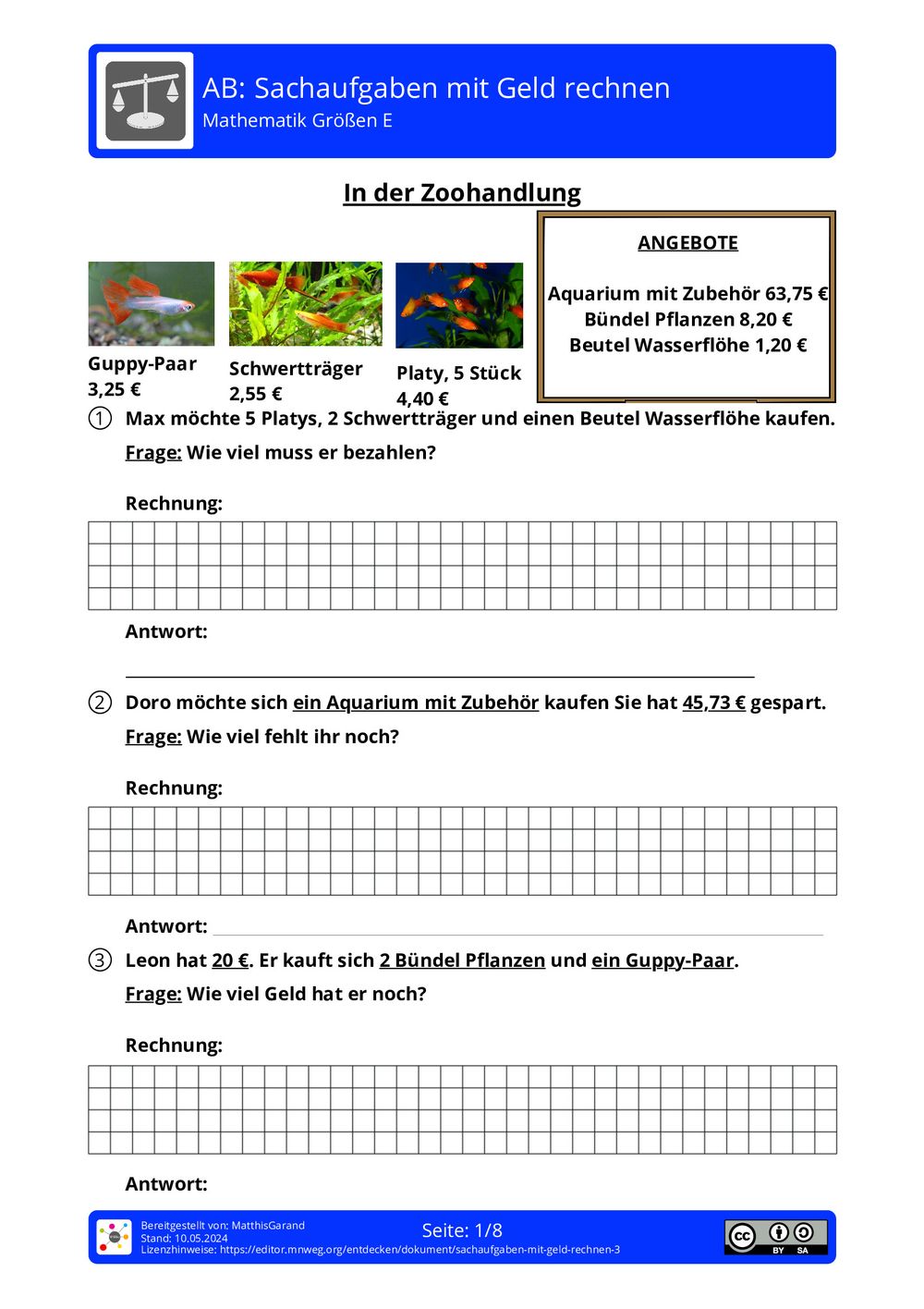 Arbeitsblatt - Sachaufgaben mit Geld rechnen - Mathematik - Größen ...