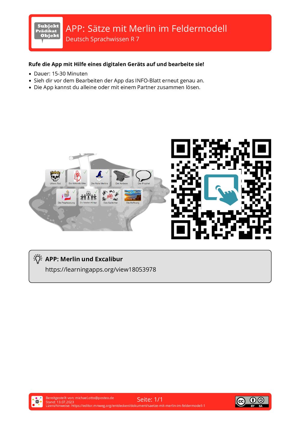 Arbeitsblatt - Sätze mit Merlin im Feldermodell - Deutsch ...