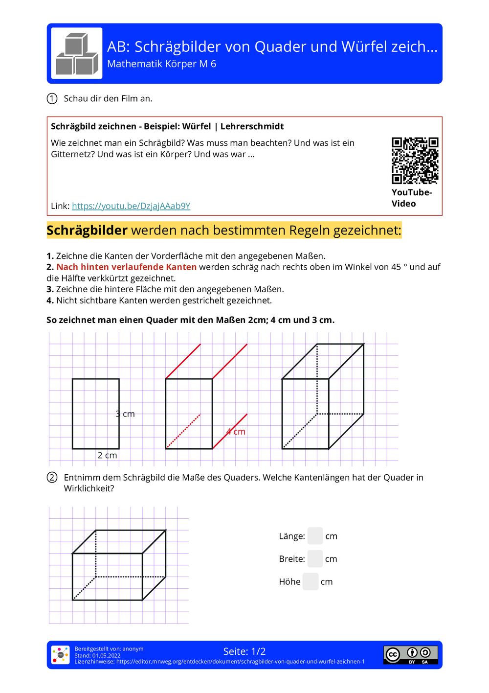 Arbeitsblatt - Schrägbilder von Quader und Würfel zeichnen - Mathematik ... Arbeitsblatt - Schrägbilder von Quader und Würfel zeichnen - Mathematik ...