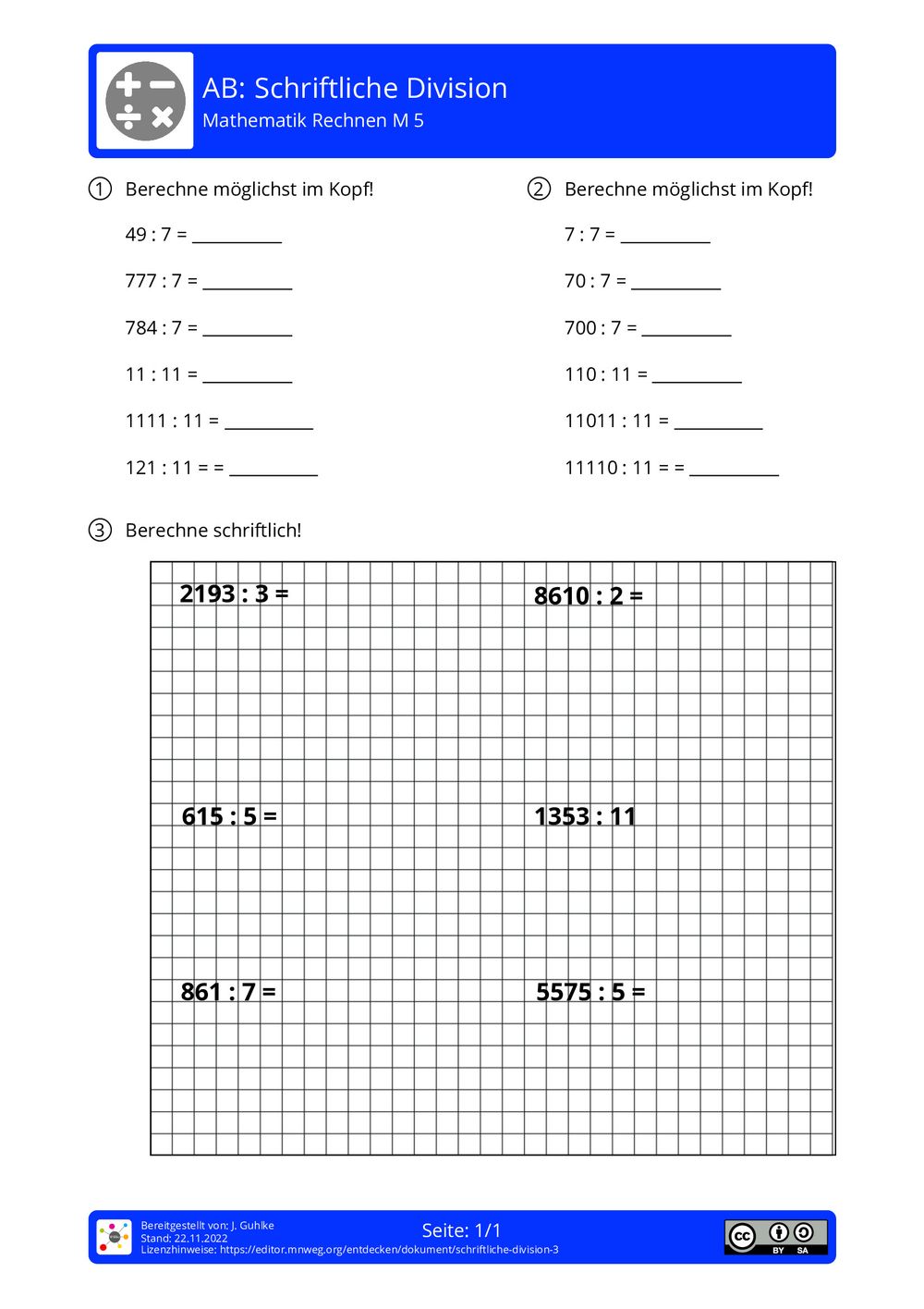 Arbeitsblatt - Schriftliche Division - Mathematik - Rechnen - mnweg.org