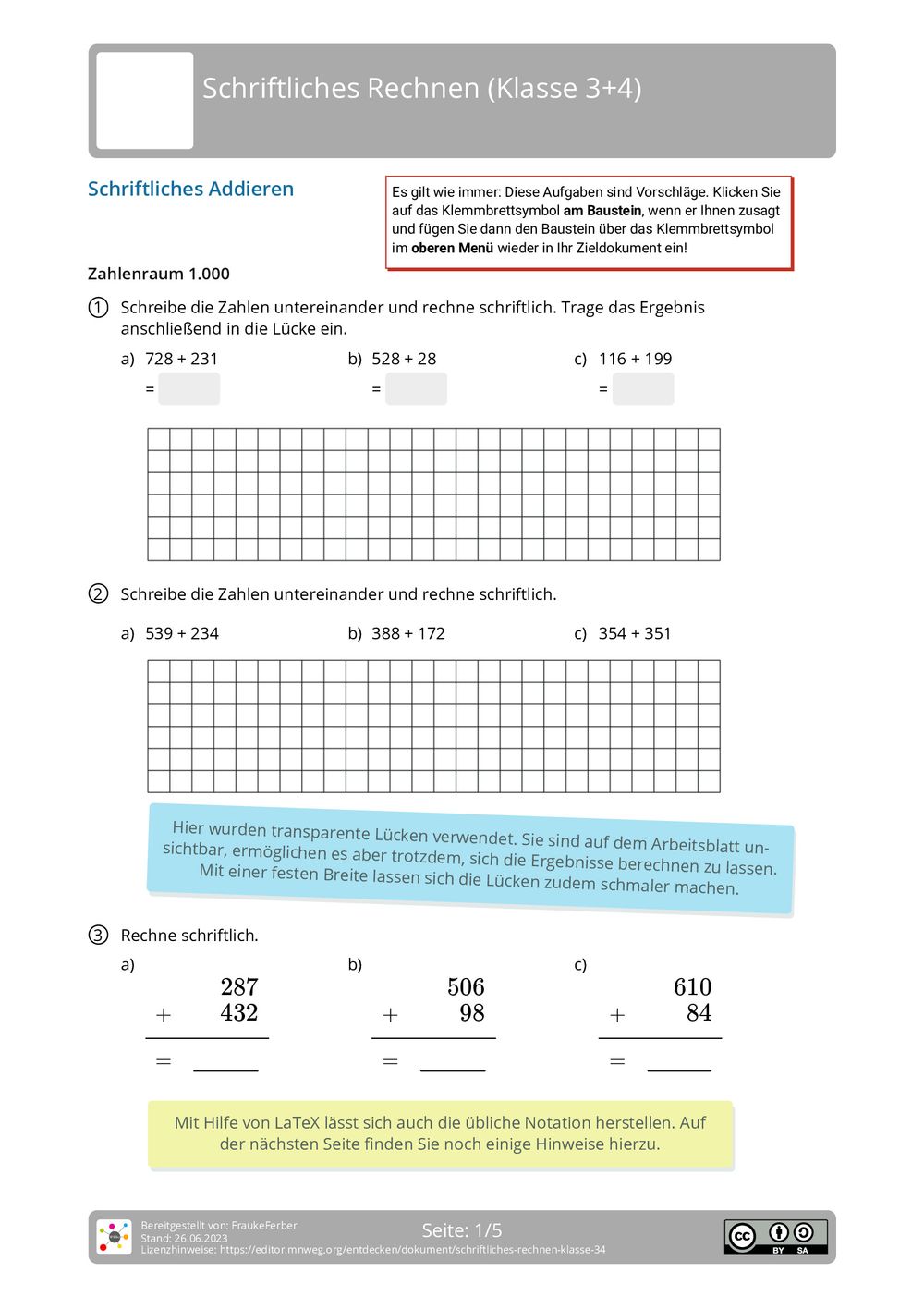 Arbeitsblatt - Schriftliches Rechnen (Klasse 3+4) - mnweg.org Arbeitsblatt - Schriftliches Rechnen (Klasse 3+4) - mnweg.org