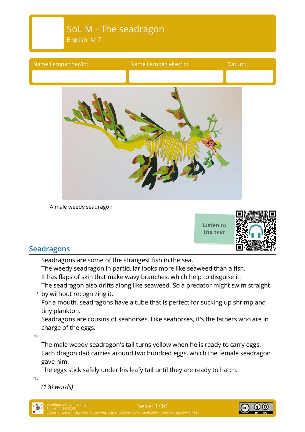 Arbeitsblatt - SoL M - The seadragon - English - mnweg.org