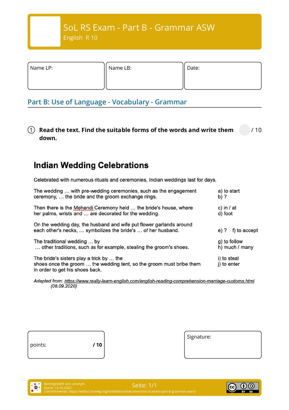 Arbeitsblatt - SoL RS Exam - Part B - Grammar ASW - English - mnweg.org
