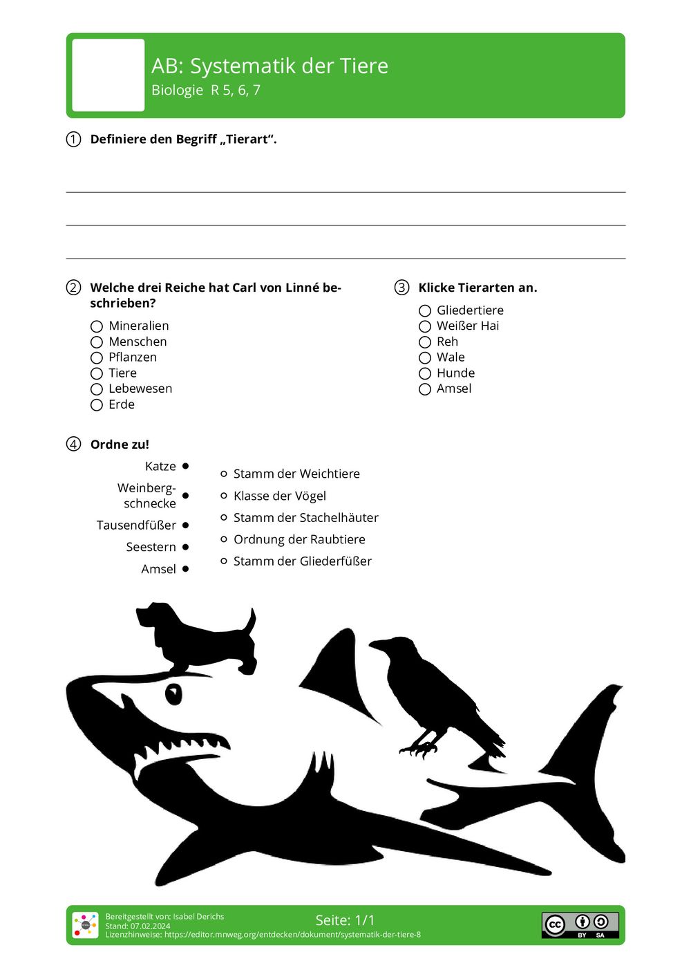 Arbeitsblatt - Systematik der Tiere - Biologie - mnweg.org