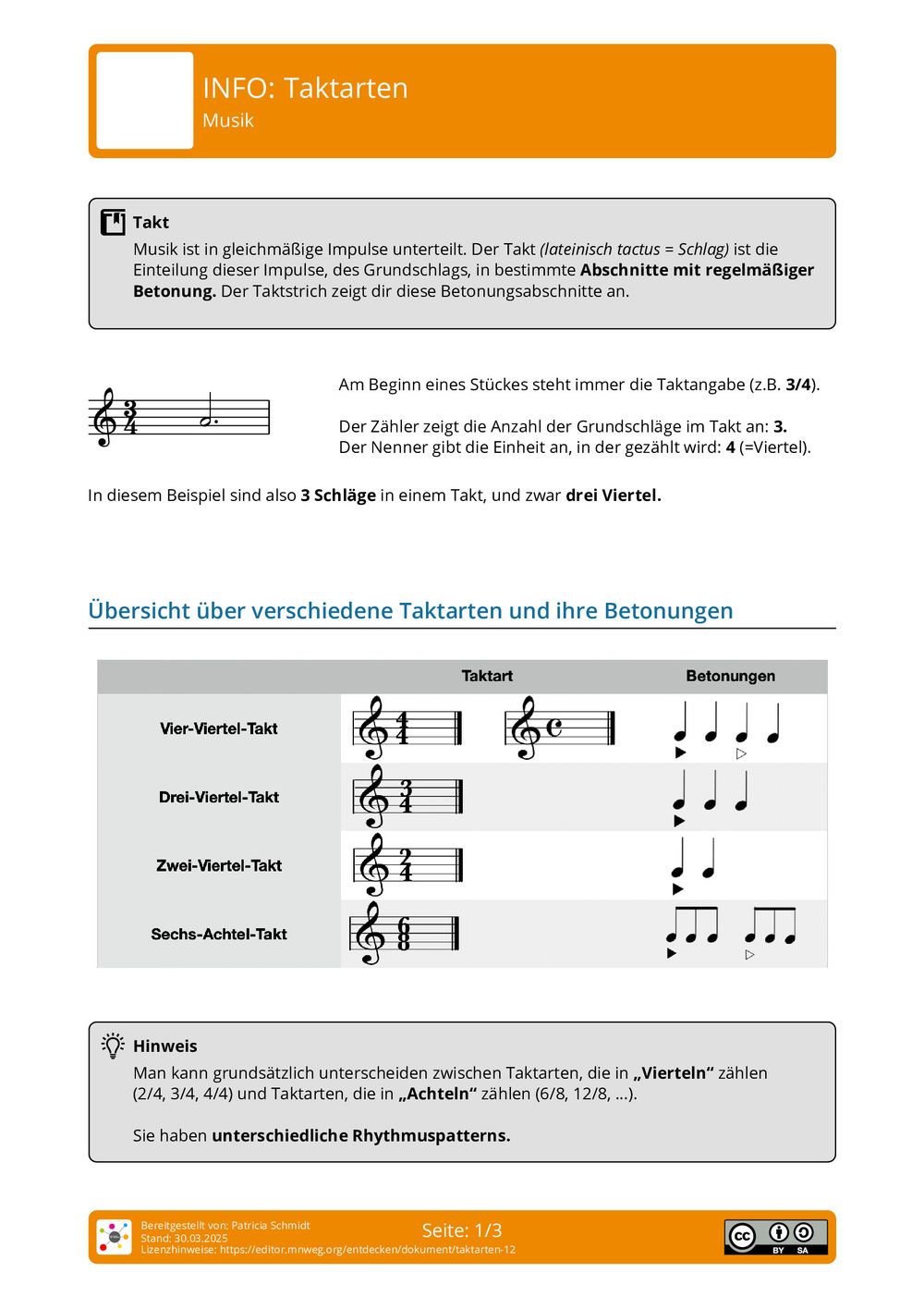 Arbeitsblatt - Taktarten - Musik - mnweg.org