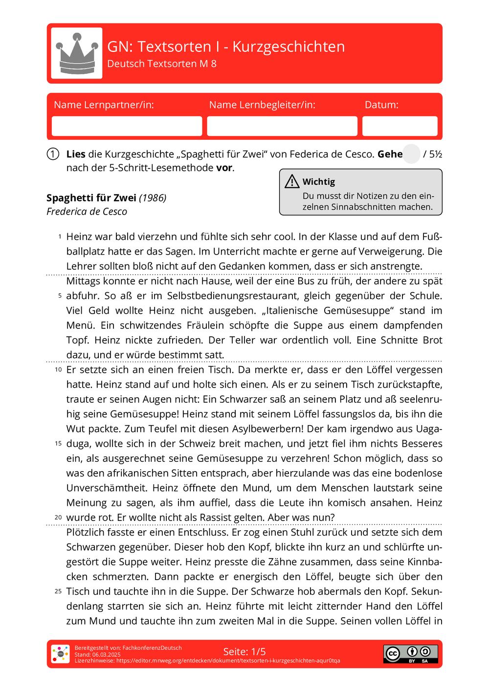 Arbeitsblatt - Textsorten I - Kurzgeschichten - Deutsch - Textsorten ...