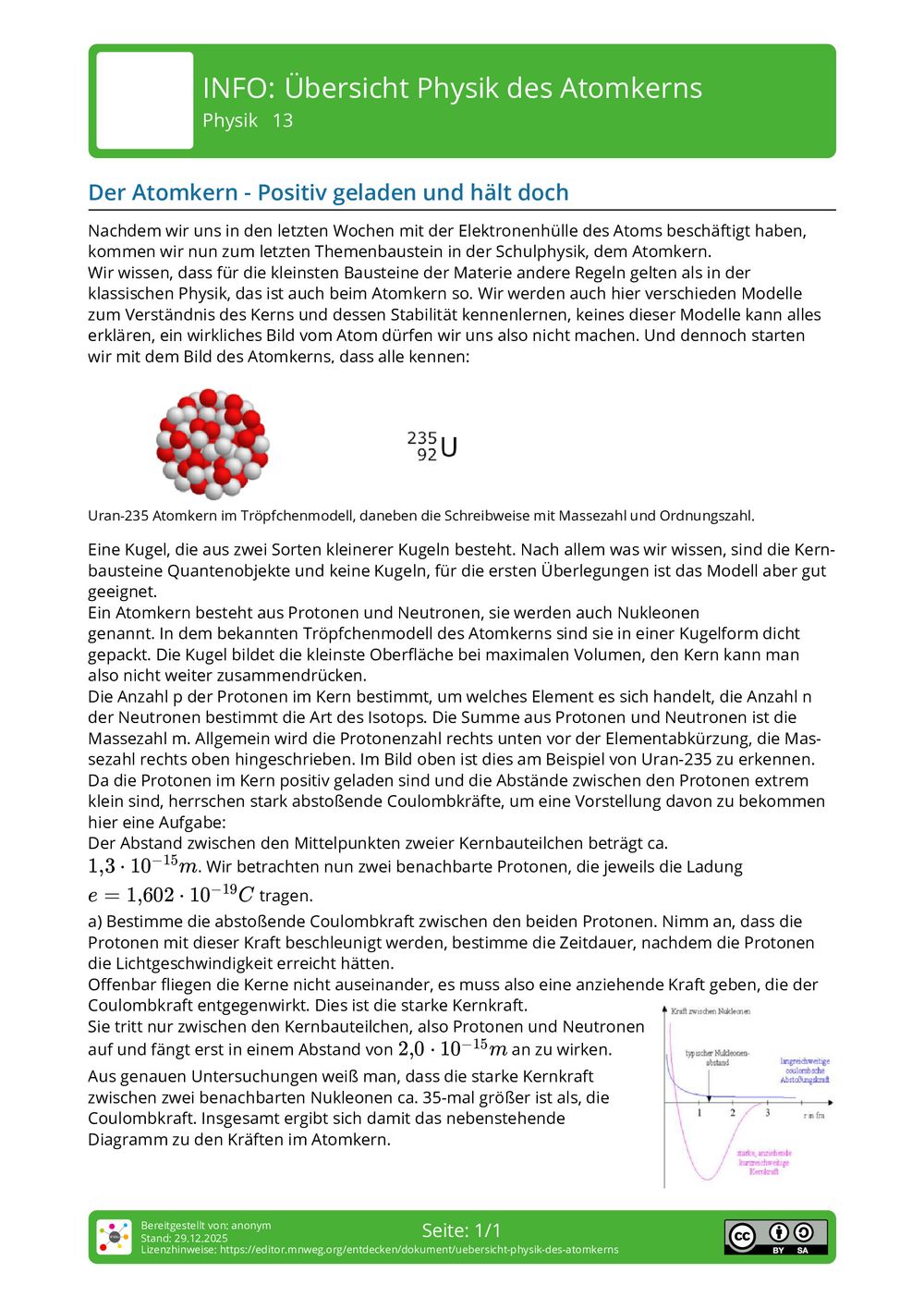 Arbeitsblatt - Übersicht Physik des Atomkerns - Physik - mnweg.org