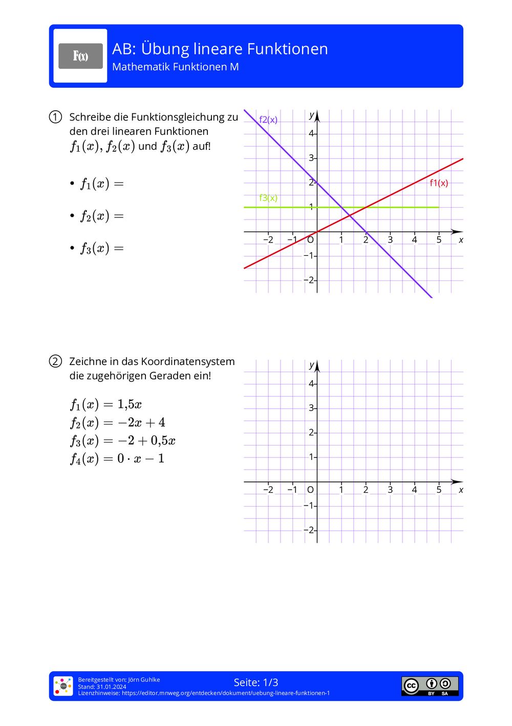 Arbeitsblatt Übung Lineare Funktionen Mathematik Funktionen