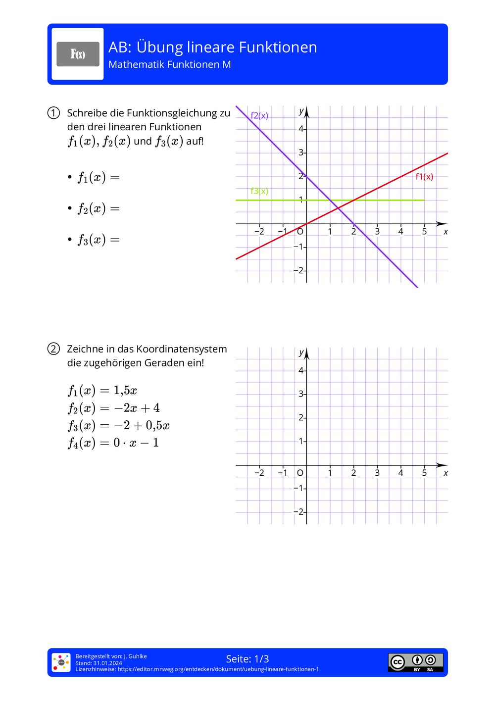 Arbeitsblatt - Übung lineare Funktionen - Mathematik - Funktionen ...