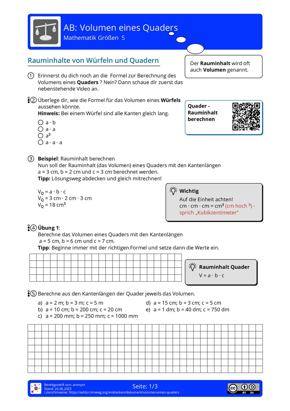 Arbeitsblatt - Volumen eines Quaders - Mathematik - Größen - mnweg.org