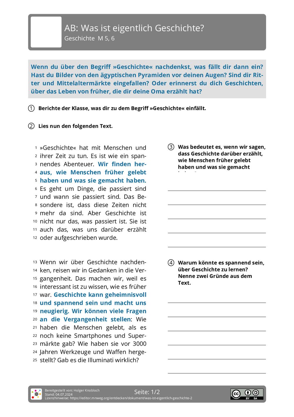 Arbeitsblatt - Was ist eigentlich Geschichte? - Geschichte - mnweg.org