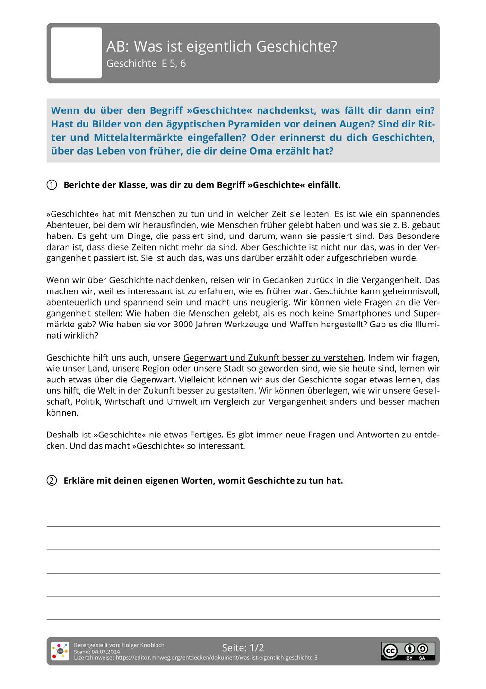 Arbeitsblatt - Was ist eigentlich Geschichte? - Geschichte - mnweg.org
